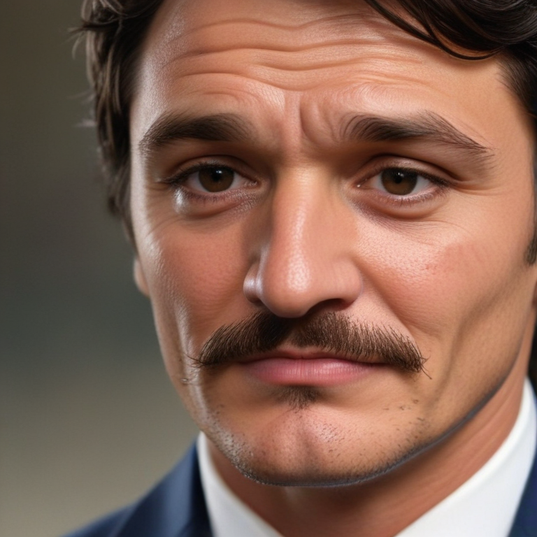 Do an image of Pedro Pascal crying and pulling off his fake mustache
