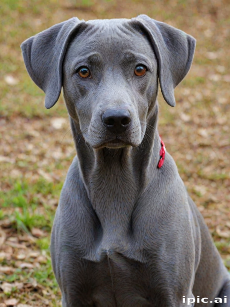 A Beautiful Gray Dog Sitting Calmly in a Natural Outdoor Setting.