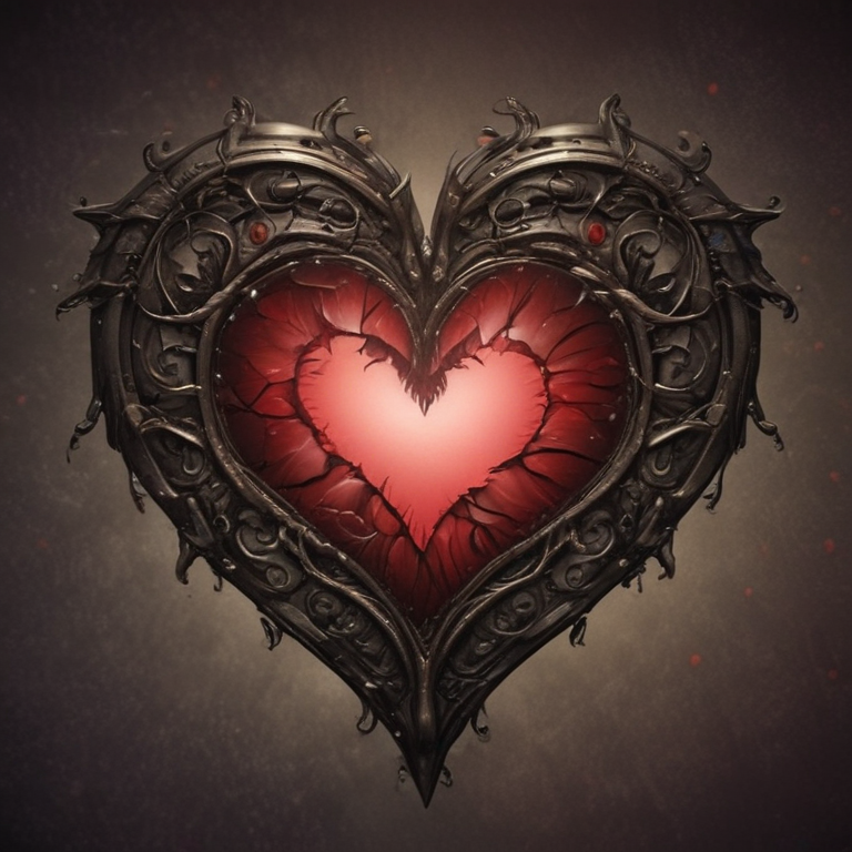 Intricate Dark Heart Design with Glowing Red Center and Ornate Details