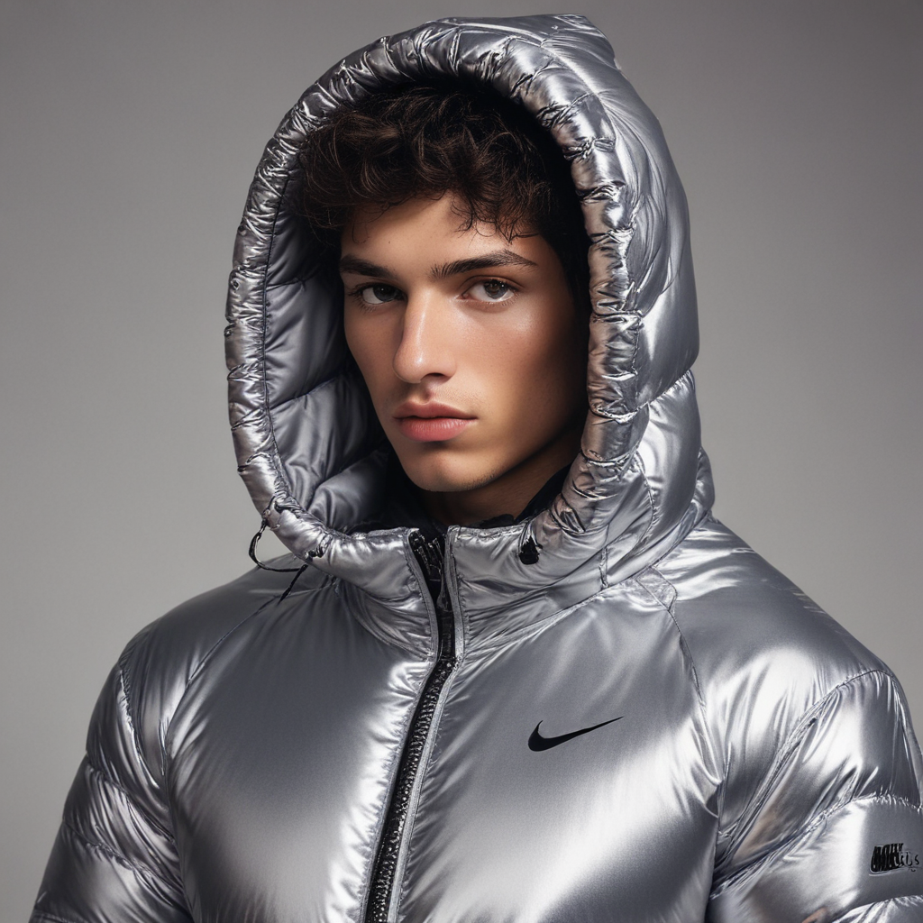 Male supermodel nike shiny puffer jacket bling jewellery hood