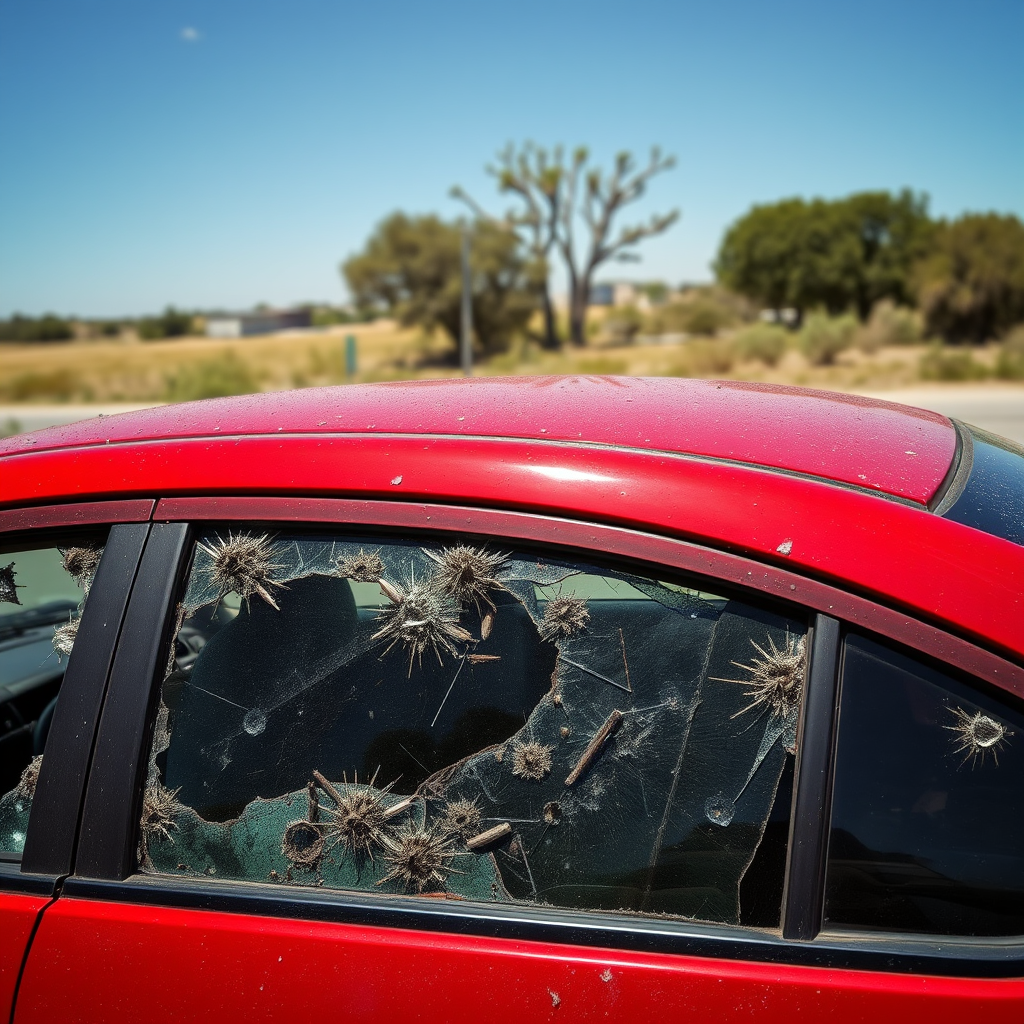 Abandoned Red Car with Broken Windows Surrounded by Desert Landscape