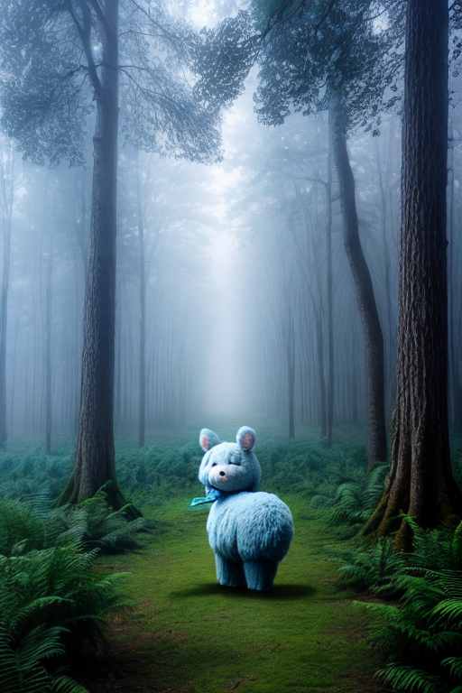 a cute fluffy blue animal playing in a misty magical forest
