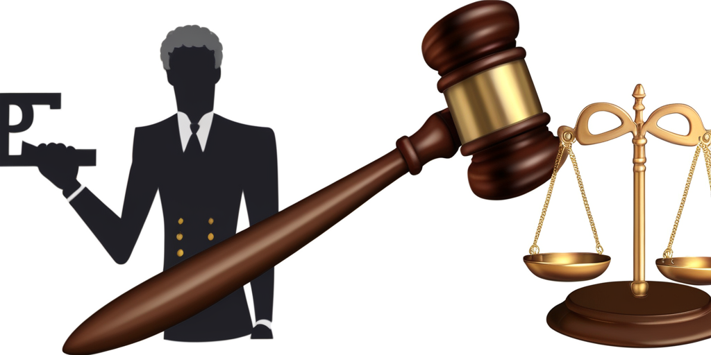 Symbolic Representation of Justice with Gavel, Scales, and Key Figure