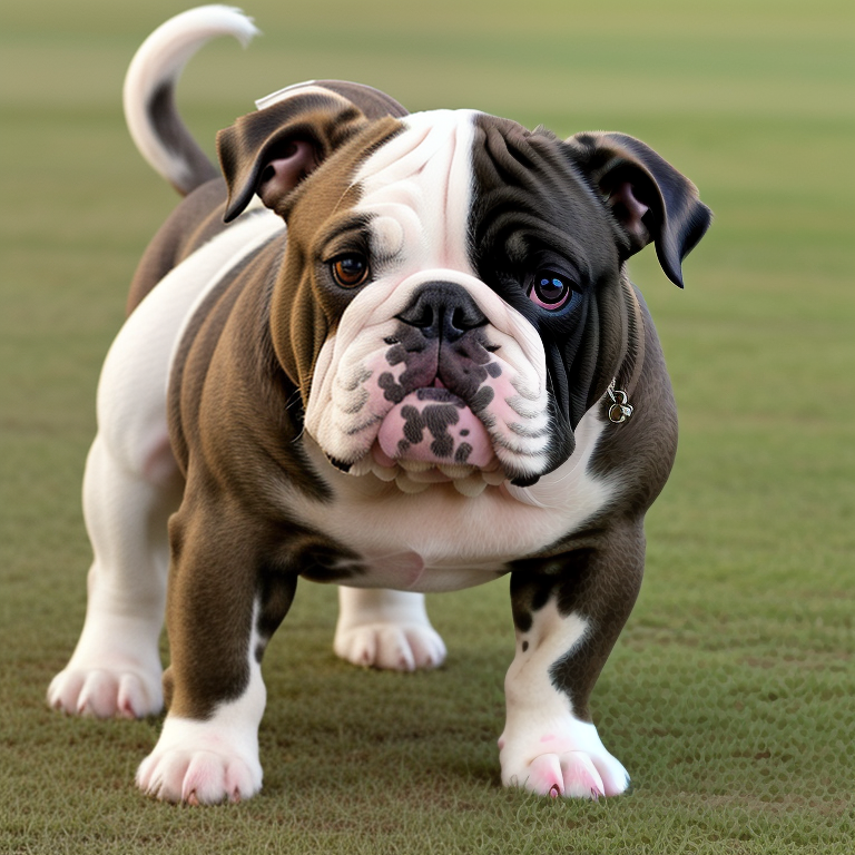 A Playful Bulldog Standing Proudly on a Lush Green Lawn.