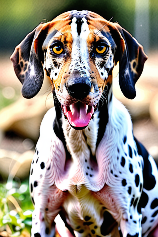 A Playful and Happy Spotted Dog with Bright Yellow Eyes Enjoying Outdoors.