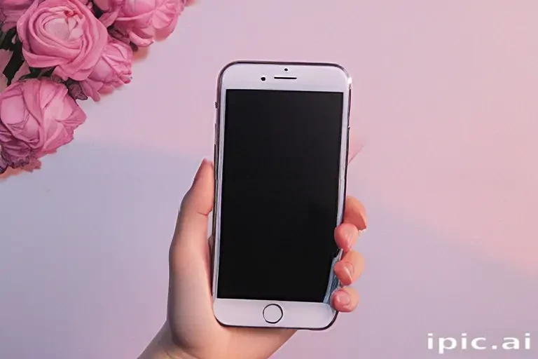 Hand Holding a Smartphone Against a Soft Pink Floral Background