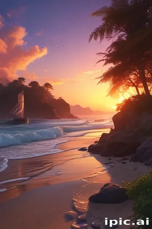 Beautiful Sunset Over Serene Beach with Sailboat and Lush Greenery