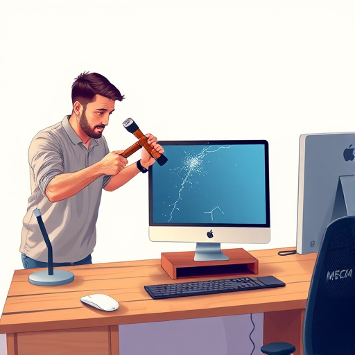 Frustrated Man Attempts to Fix Broken Computer Screen with Hammer