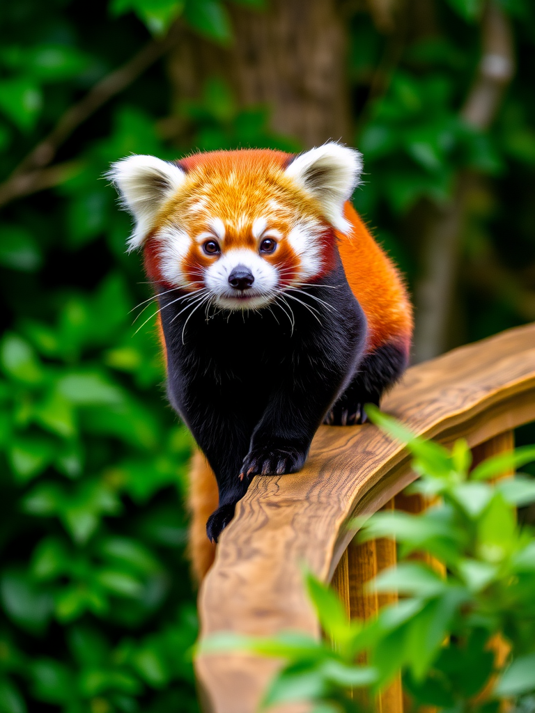 A close-up shot of a red panda perched on a wooden rail, showcasing its ...
