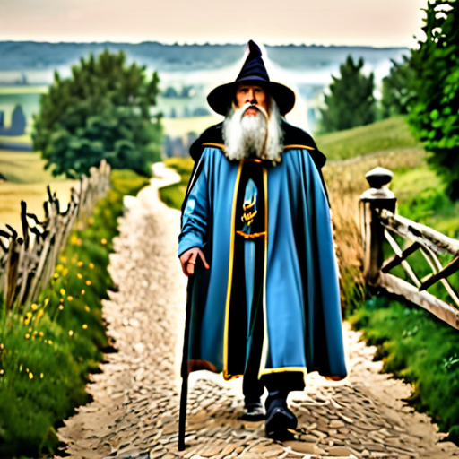 Elder wizard walking in a medieval role-playing landscape