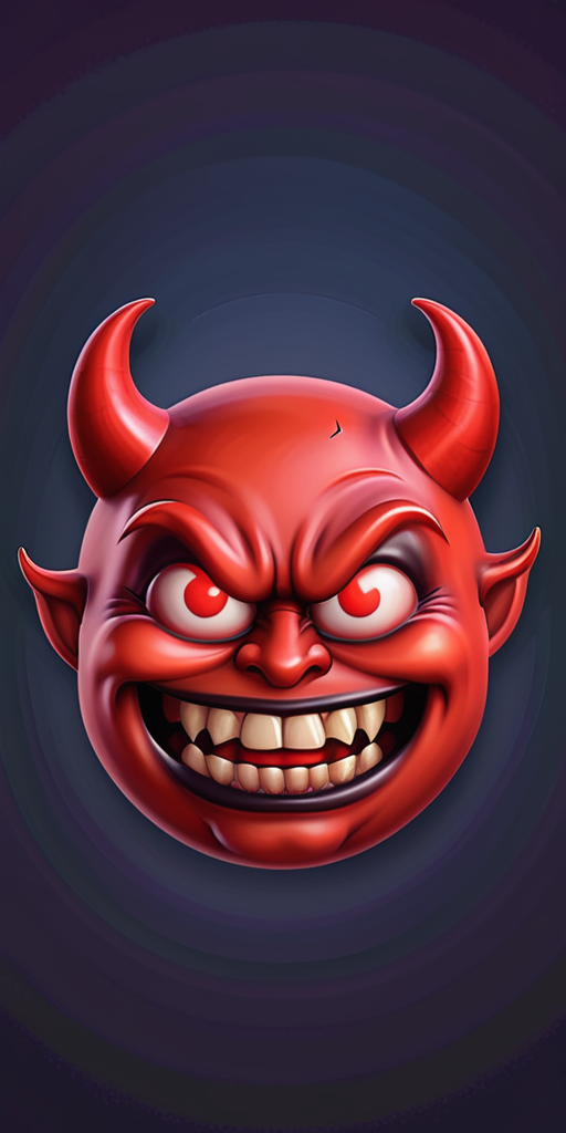 Cartoonish Red Devil Face with Horns and Sinister Grin Illustration