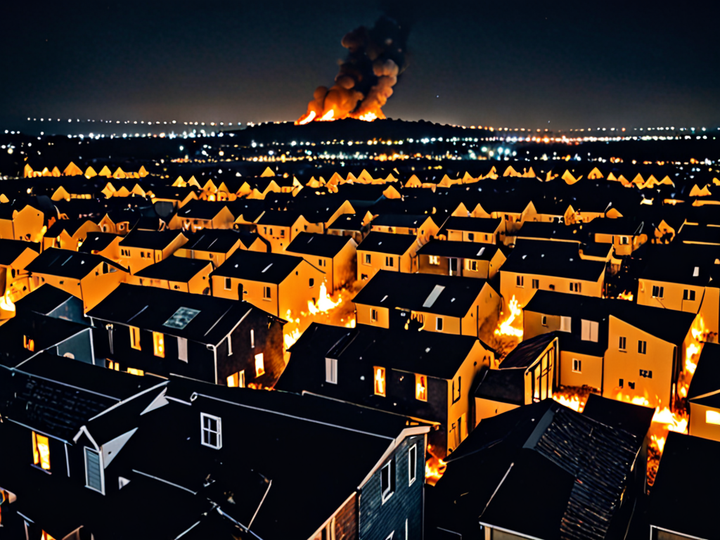 old village all the houses on fire in the night. Prospective from above