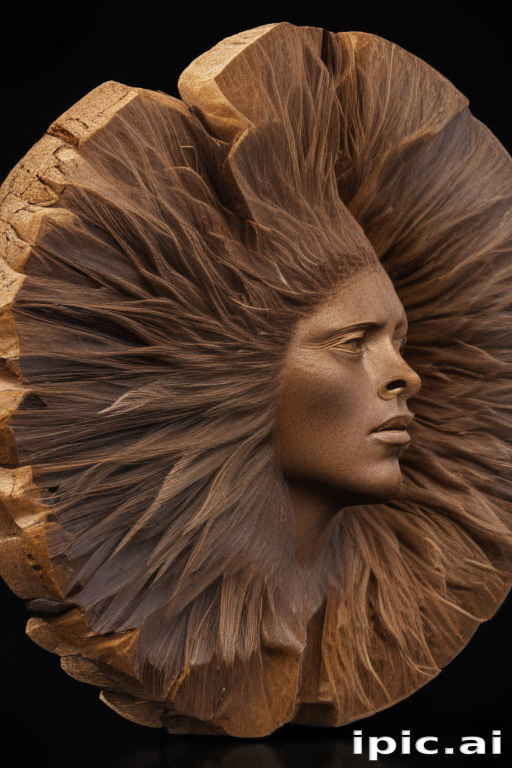 Intricate Wooden Sculpture Depicting a Face Surrounded by Textured Elements
