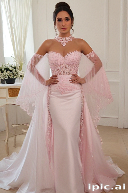 Elegant Bride in a Stunning Pink Wedding Dress with Delicate Lace Details
