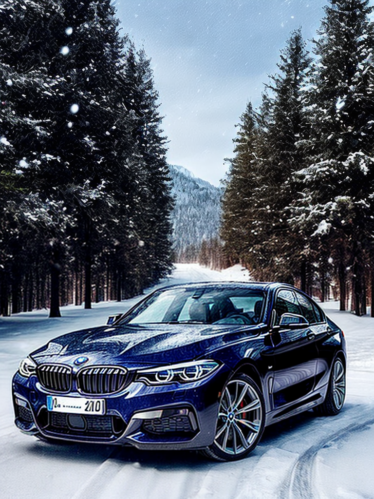 Xmas scene outdoors with soft falling snow on beautiful BMW with text ...