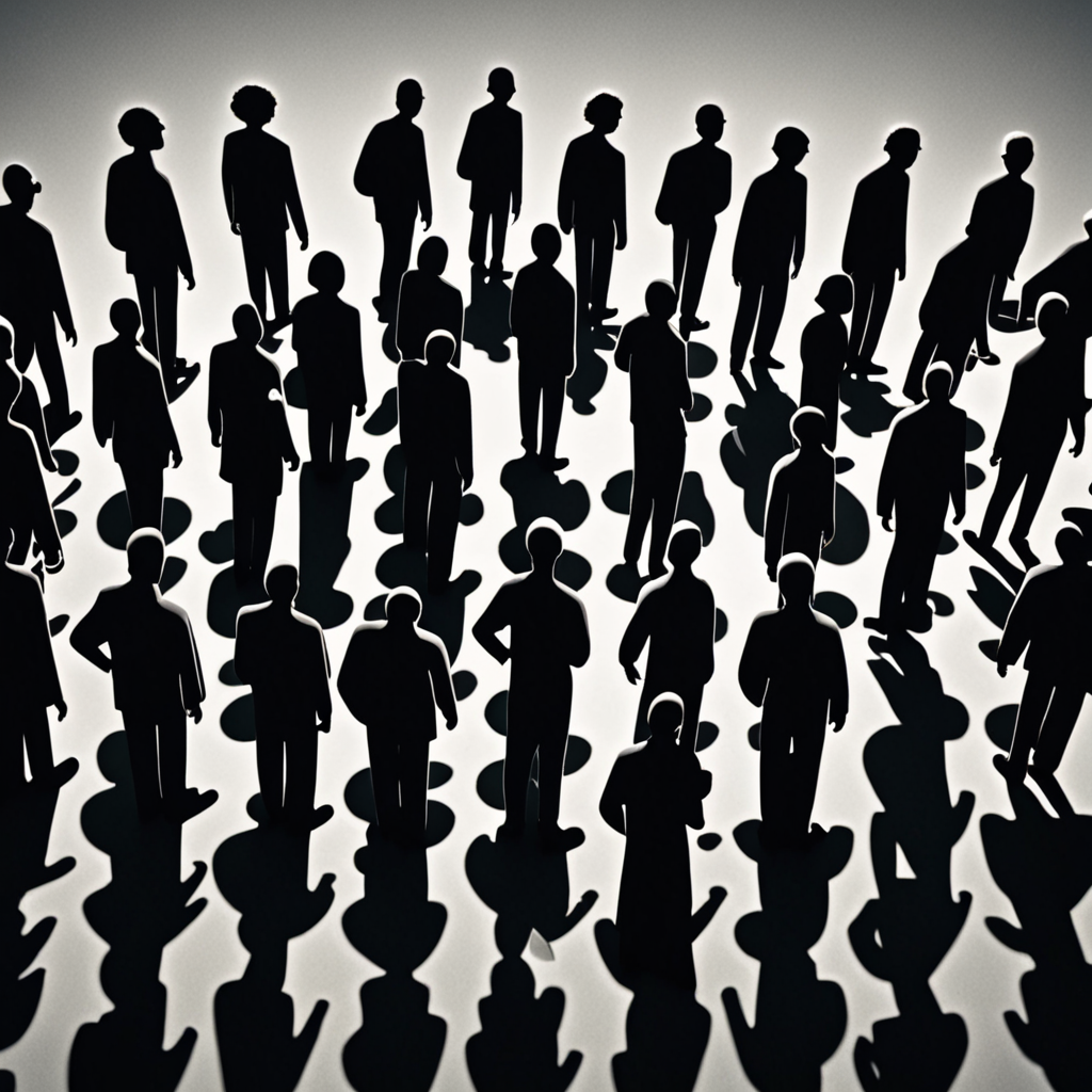 a hoard of shadow people in various shades of grey surrounding a shadow ...