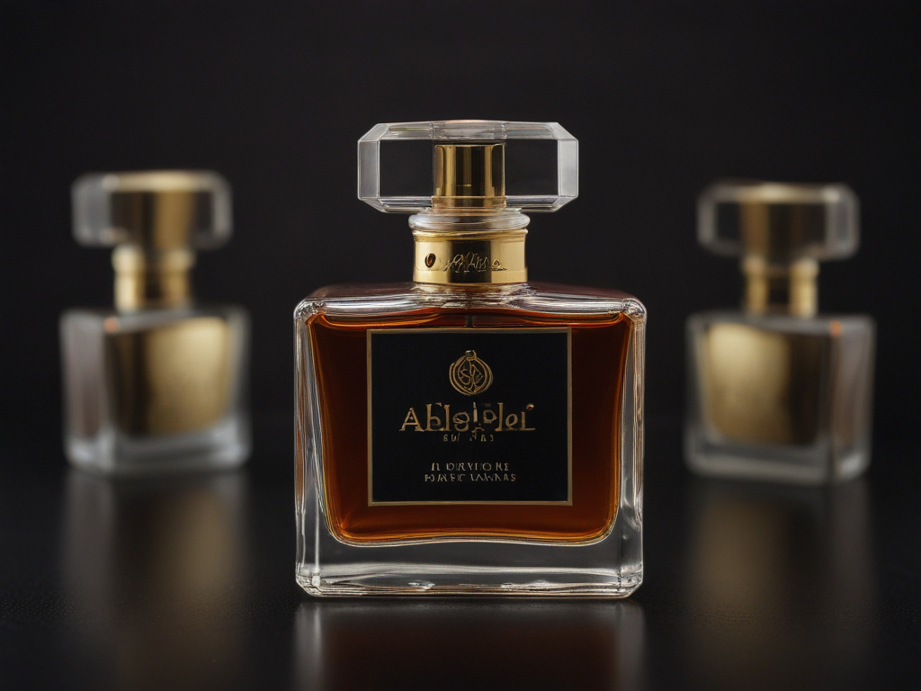 a product photo of Al Hooti perfumes company in closeup in dark ...