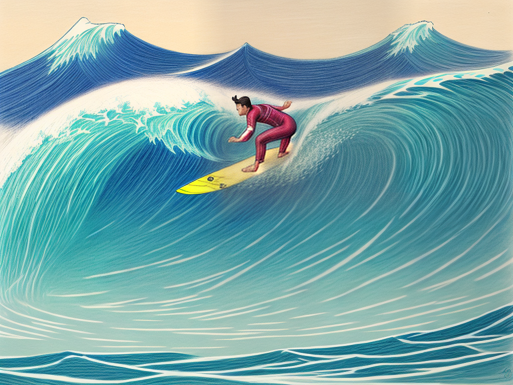 a pastel drawing of a cat surfing inside an Hokusai wave