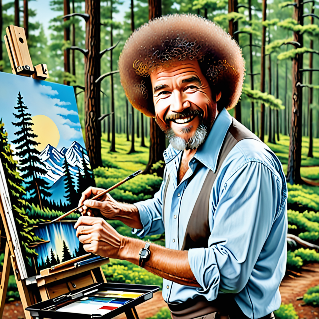 Bob Ross painting a picture of happy trees
