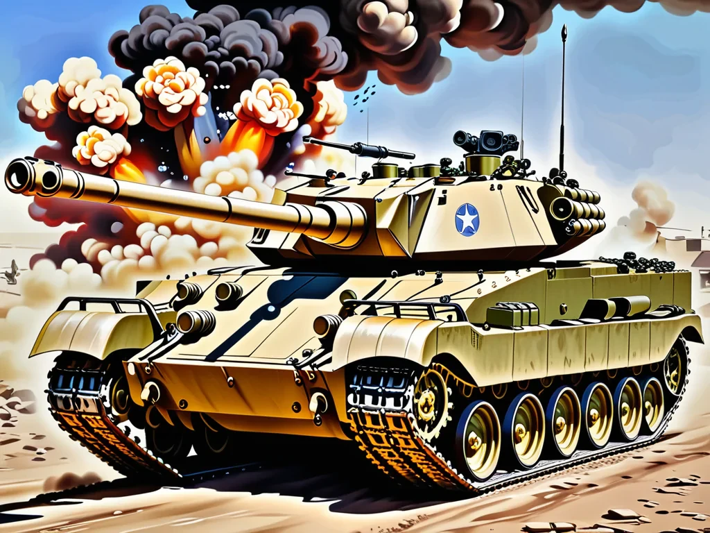 Dynamic Scene of a Tank in Action Amidst Explosions and Smoke