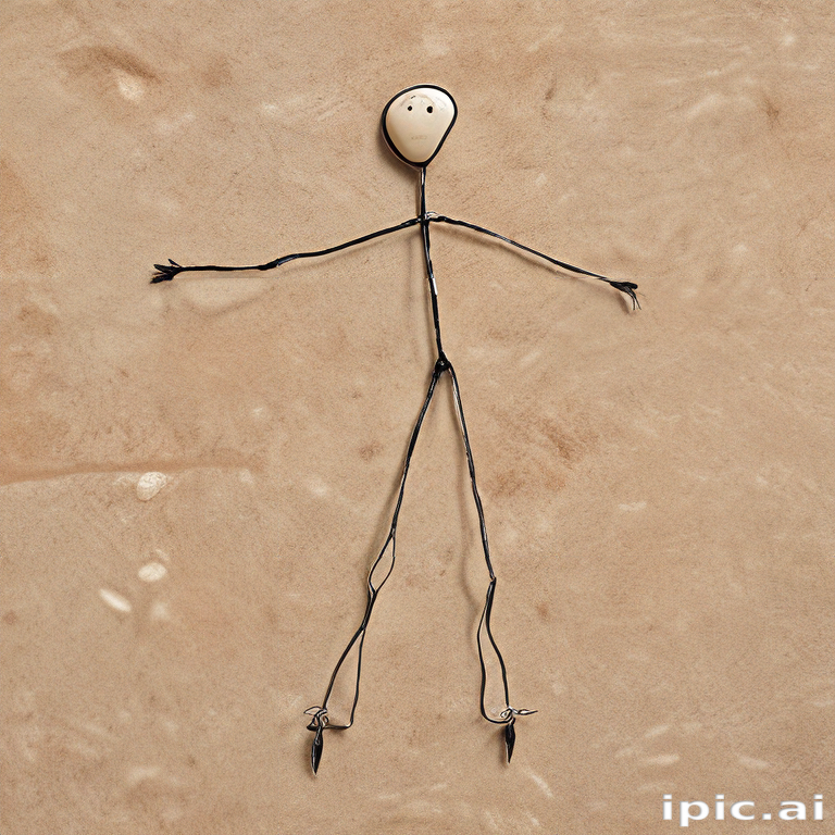 Whimsical Art Piece of a Wire Figure with a Button Face