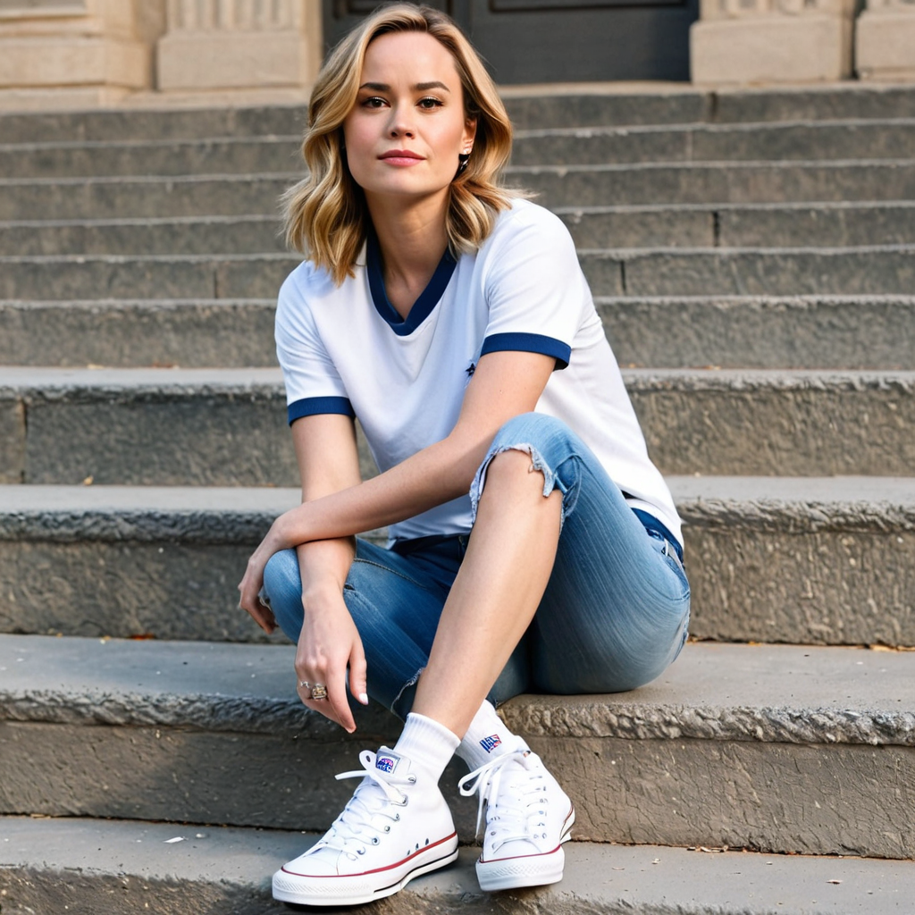 Mcu Brie Larson Carol Danvers Sitting in White Shirt, Blue Jeans, White ...