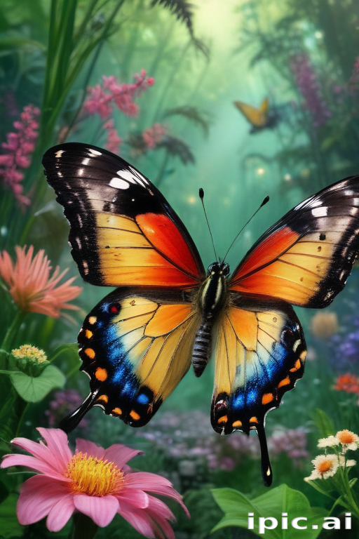 A Vibrant Butterfly Spreading Its Wings Among Colorful Blossoms in Nature