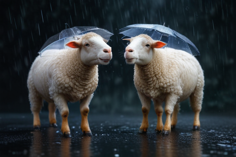 sheep danced in the rain with a umbrella