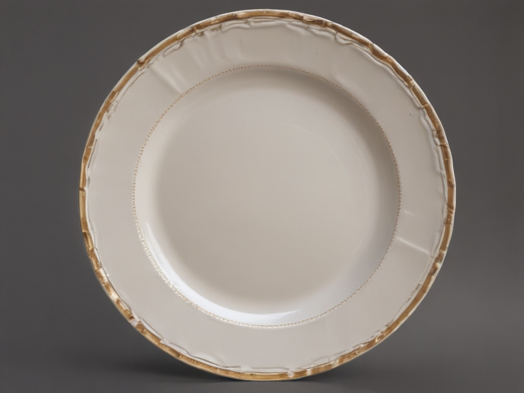 Elegant White Plate with Gold Trim and Intricate Design Details.
