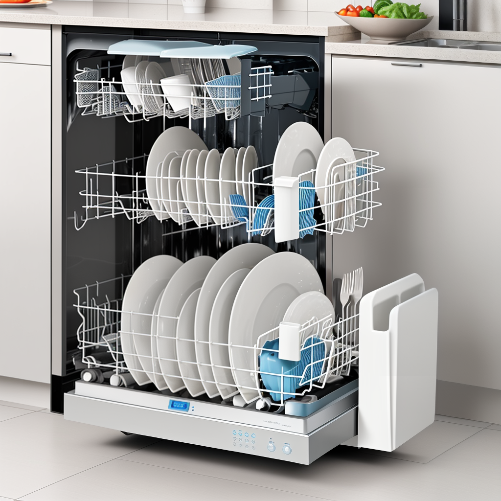 Modern Kitchen Scene Featuring a Woman Loading Dishes into a Dishwasher