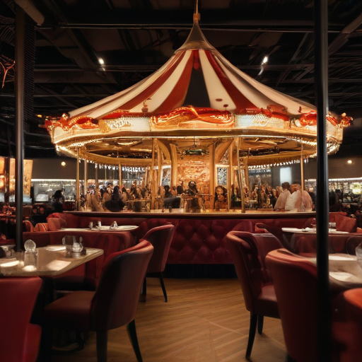 different angles of a modern circus themed fine dinning restuarant with ...