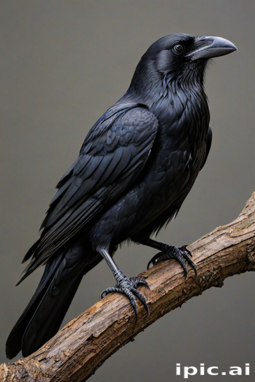 A Majestic Black Raven Perched Gracefully on a Branch Against a Gray ...