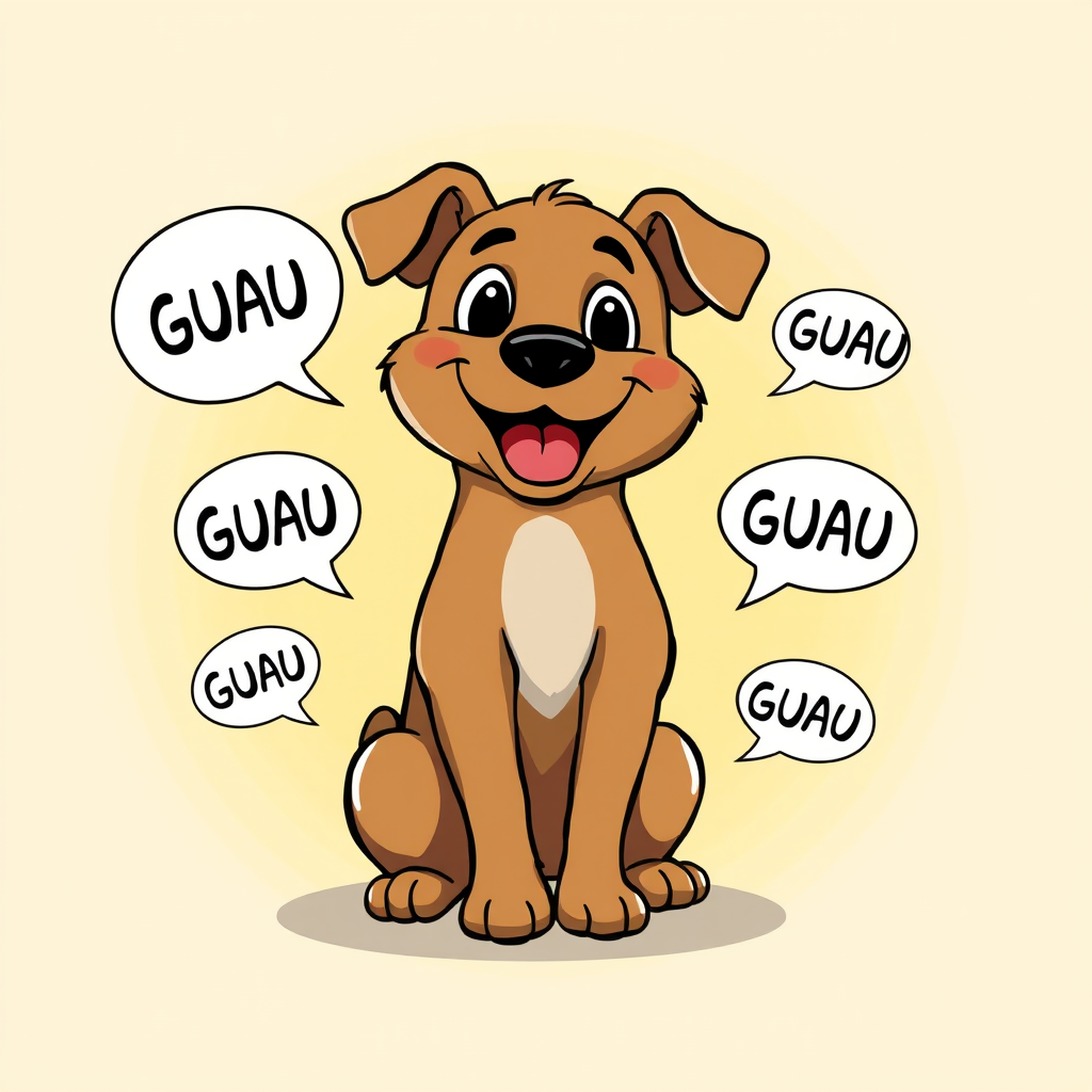 A Happy Cartoon Dog Joyfully Barking Guau with a Cheerful Expression.