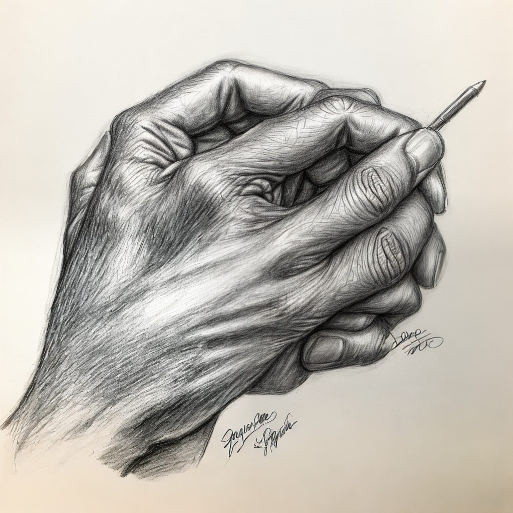 a drawing of a hand drawing itself, in pencil, on a sheet of paper.