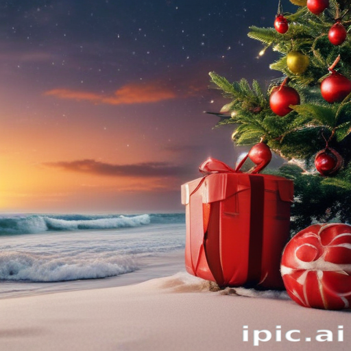 Festive Christmas Scene with Presents by the Beach at Sunset