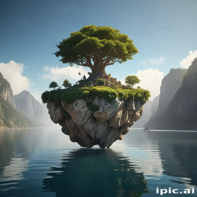 A Majestic Floating Island with a Towering Tree Above Tranquil Waters