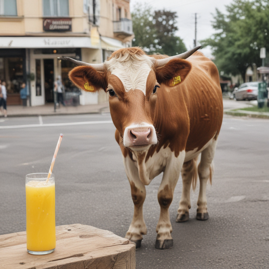 A cow selling lemonade