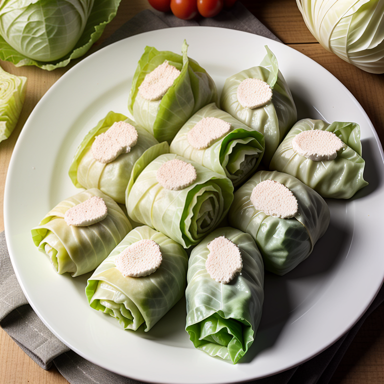 Deliciously Wrapped Cabbage Rolls with Unique Topping on a White Plate.