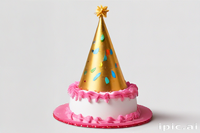 Colorful Birthday Cake with Gold Party Hat and Festive Decorations