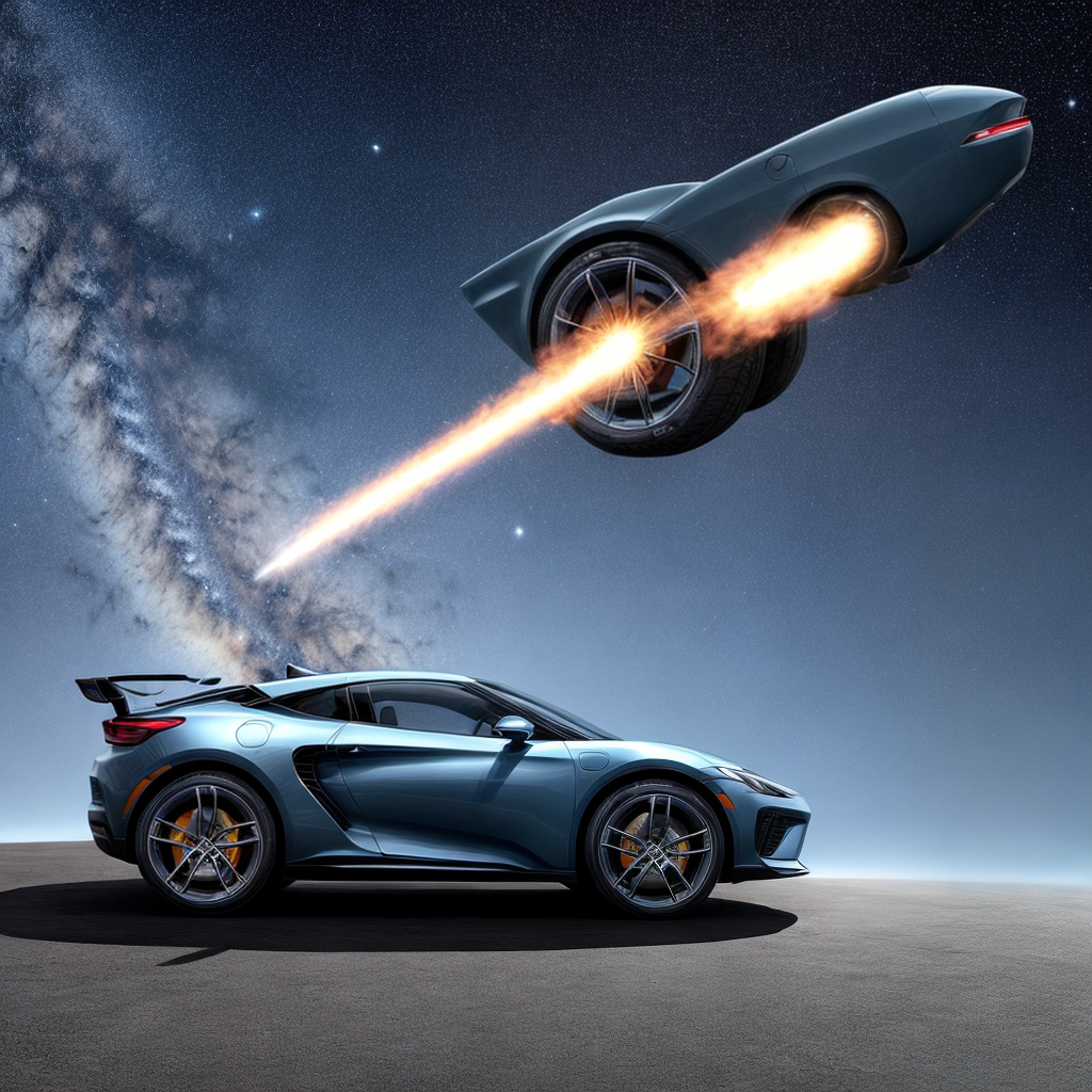 detailed modern car with wheels driving in space no road and not on ground
