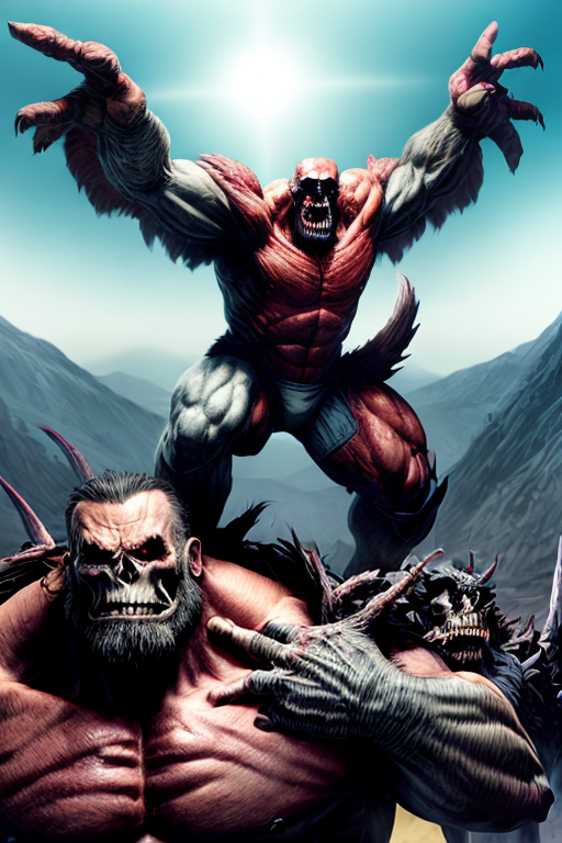 strong man holding monsters' necks with his hands, on top of a pile of ...