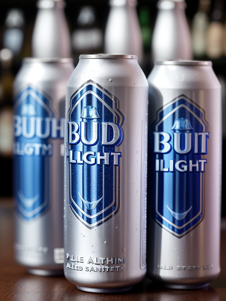 Chilled Bud Light Cans in a Bar Setting with Condensation Droplets