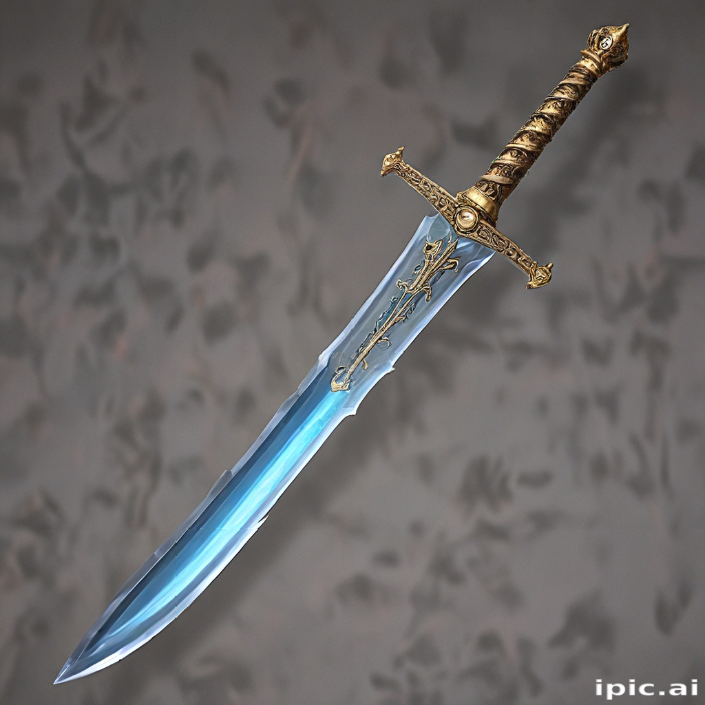 Exquisite Fantasy Sword with Intricate Golden Hilt and Glowing Blue Blade