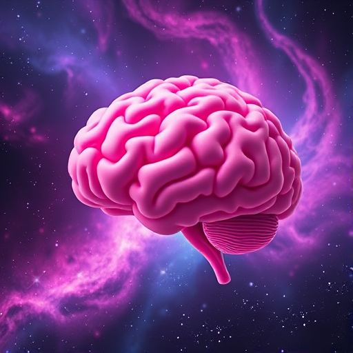 Vibrant Pink Brain Floating in a Cosmic Space Background of Stars