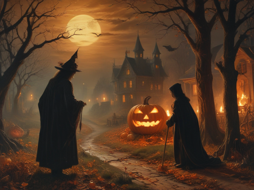 A Spooky Halloween Night with a Witch and Mysterious Figure by a Pumpkin