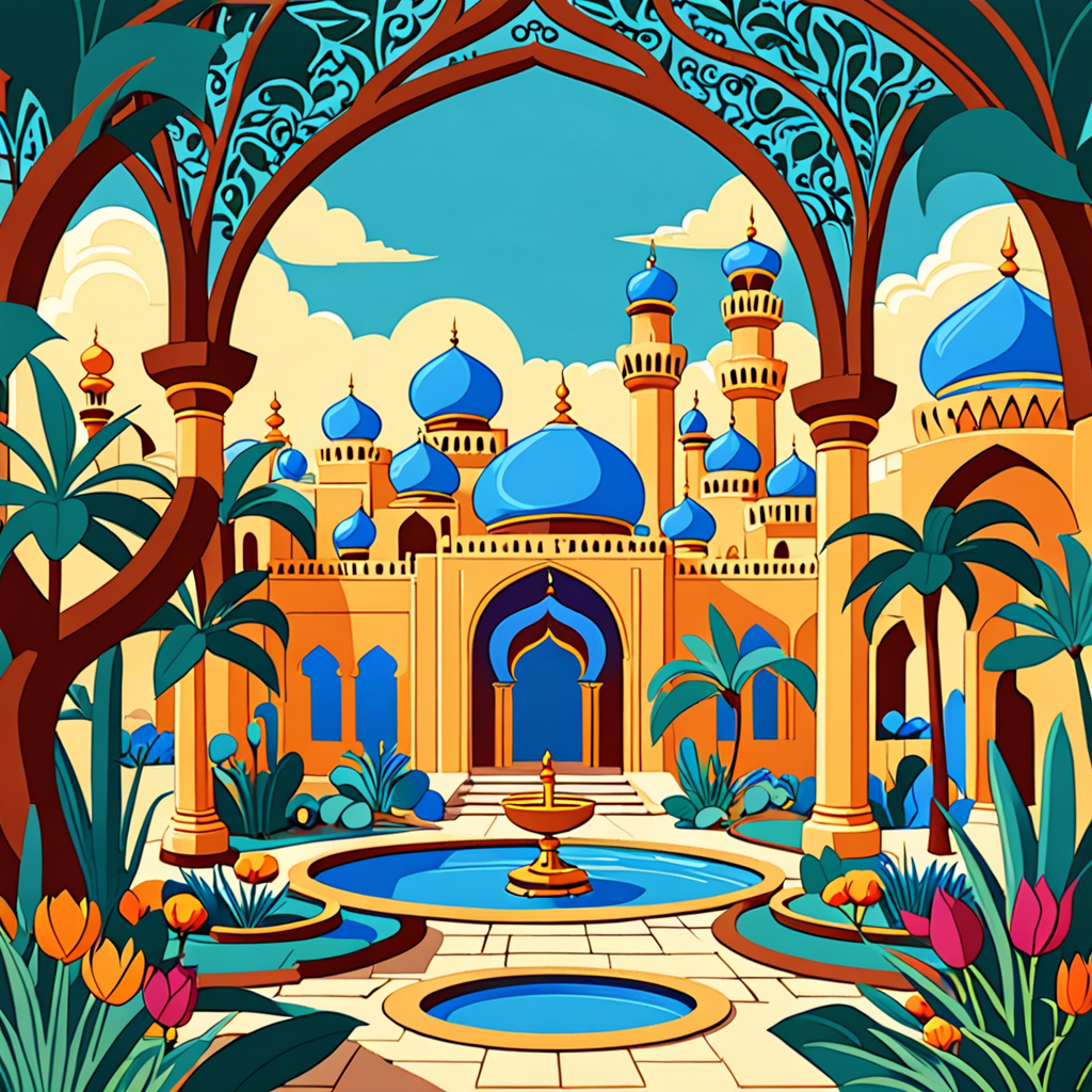 Garden of the Sultan of Agrabah from the cartoon Aladdin. Flat colors.