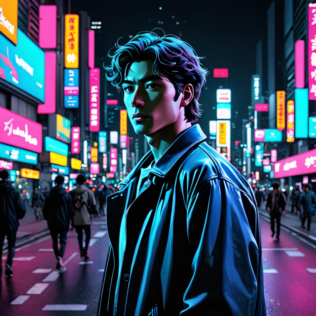retrowave night city, person in the street, anime style, night time