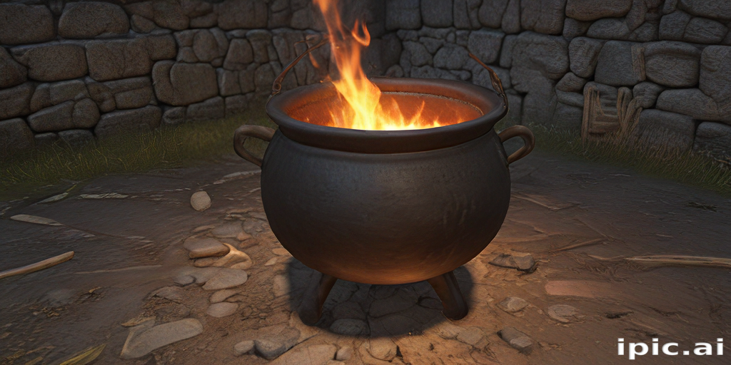 A Rustic Cauldron with a Bright Flame in a Stone Setting