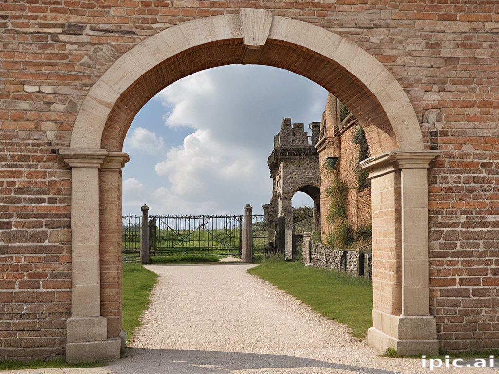 Charming Archway Leading to a Scenic Pathway and Historic Structure