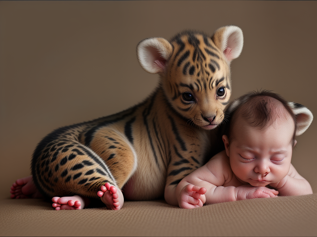 Adorable Baby and Playful Tiger Cub Cuddling Together in Harmony